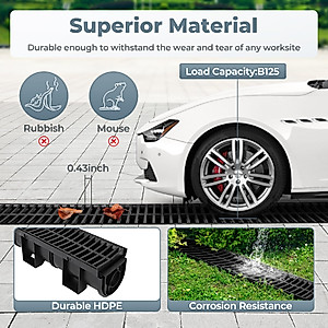 Trench Drain System, Channel Drain with Plastic Grate, 5.9x5.1-Inch HDPE Drainage Trench, Black Plastic Garage and GardenDrain, 6x39 Trench Drain Grate, with 6 End Caps,Convenient Assembly（6 Pack）