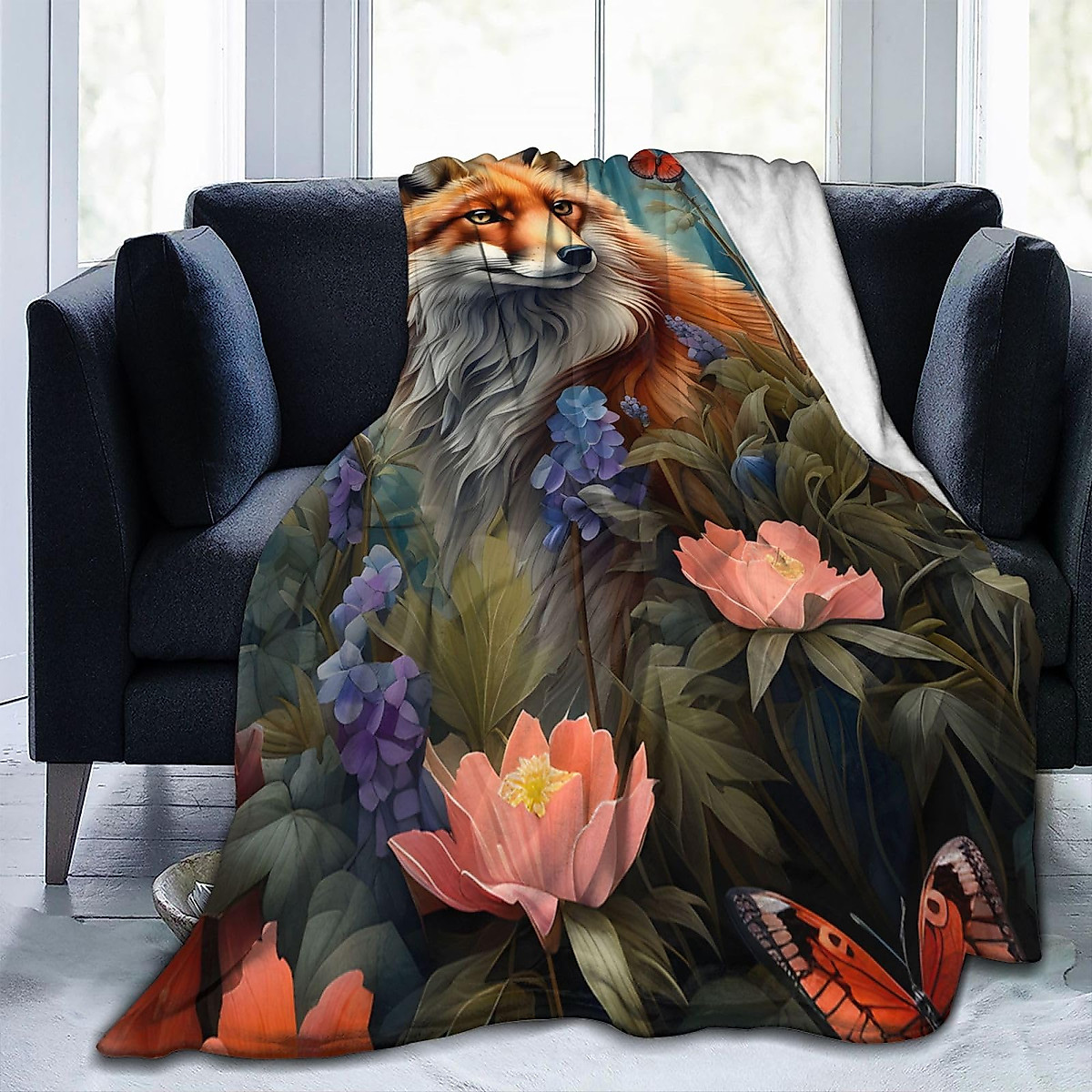amepay Fox Blanket Gifts for Kids Girls Forest Flowers Animal Butterfly Flannel Throw Blankets Soft Comfy Lightweight for Home Decor Couch Bed Sofa 60x50 Inches