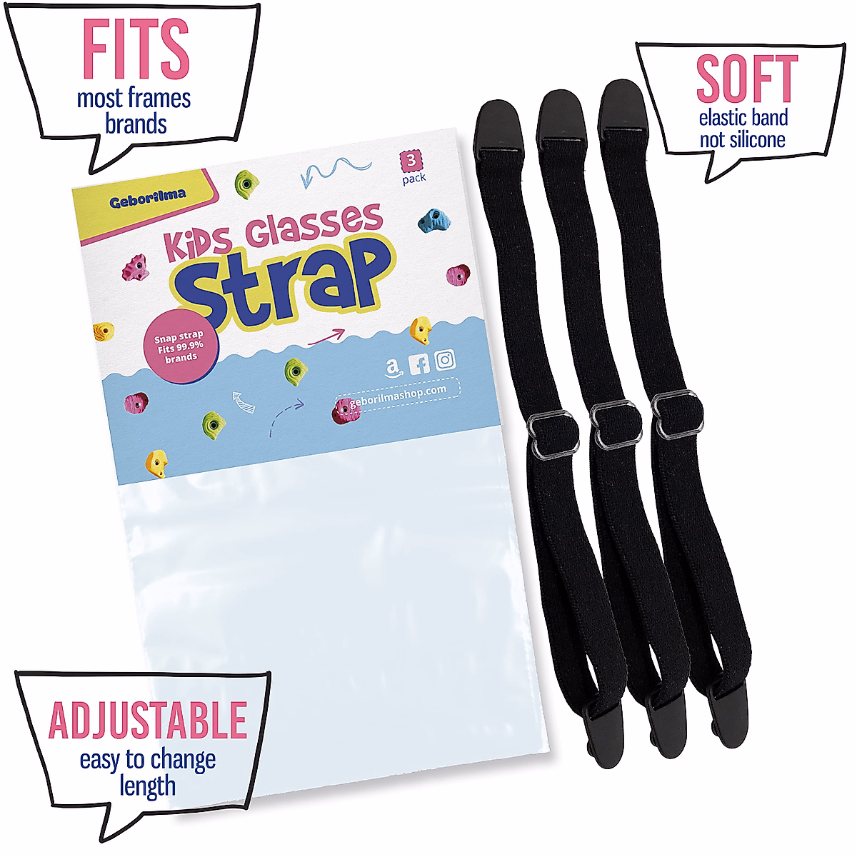 Geborilma Toddler Glasses Strap for Boys Girls - 3 Pcs Baby Sunglasses Strap Elastic Band for Glasses for Kids Glasses Band Black