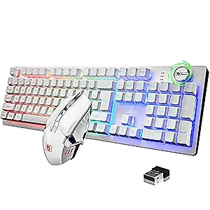 Wireless Rechargeable Keyboard and Mouse Combo,2.4G Full-Size Mechanical Feel Rainbow Backlit Gaming Keyboards with 7-Key 2400DPl Mice for PC Laptop Computer Gamer(White&RGB Light)