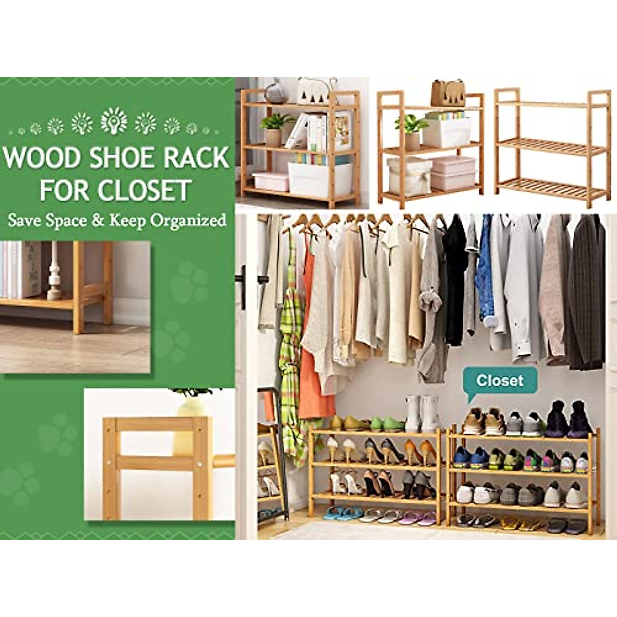 ZHIJXFAVO Wooden Shoe Rack for Closet | 3 Tier Wood and Bamboo Shoe Shelf | Shoe Storage Orgnizer for Enterway Hallway Bathroom Balcony | Easy to Assemble & Space Saving