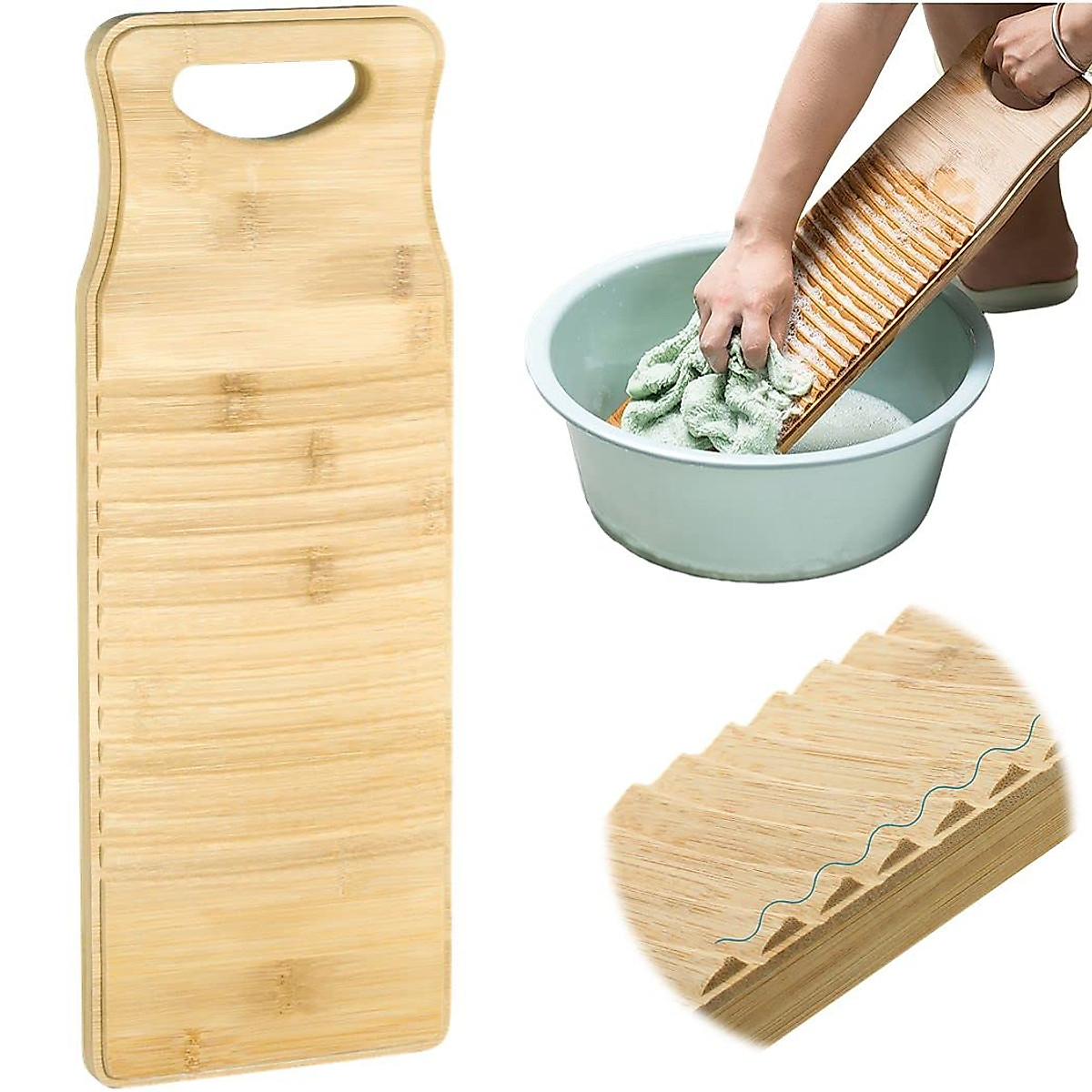 Homaisson Natural Bamboo Washboard for Laundry, Hand Washing Board, Thickened Anti-slip Scrubbing Washboard for Small Washing Jobs, Hanging Washboard 40x15cm/15.7x5.9in