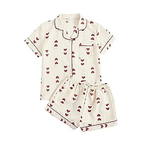 Verdusa Women's Two Piece Heart Print Button Down Collar Shirts and Shorts PJ Sets Beige M