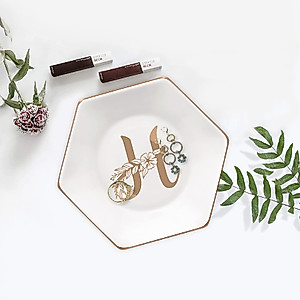 CARAKNOTS Jewelry Tray for Women Ceramic White Ring Dish Birthday Engagement Wedding Valentines Gifts for Her Jewelry Dish for Rings Earring Necklace Monogram Initial Decorative Trinket Plate Letter H