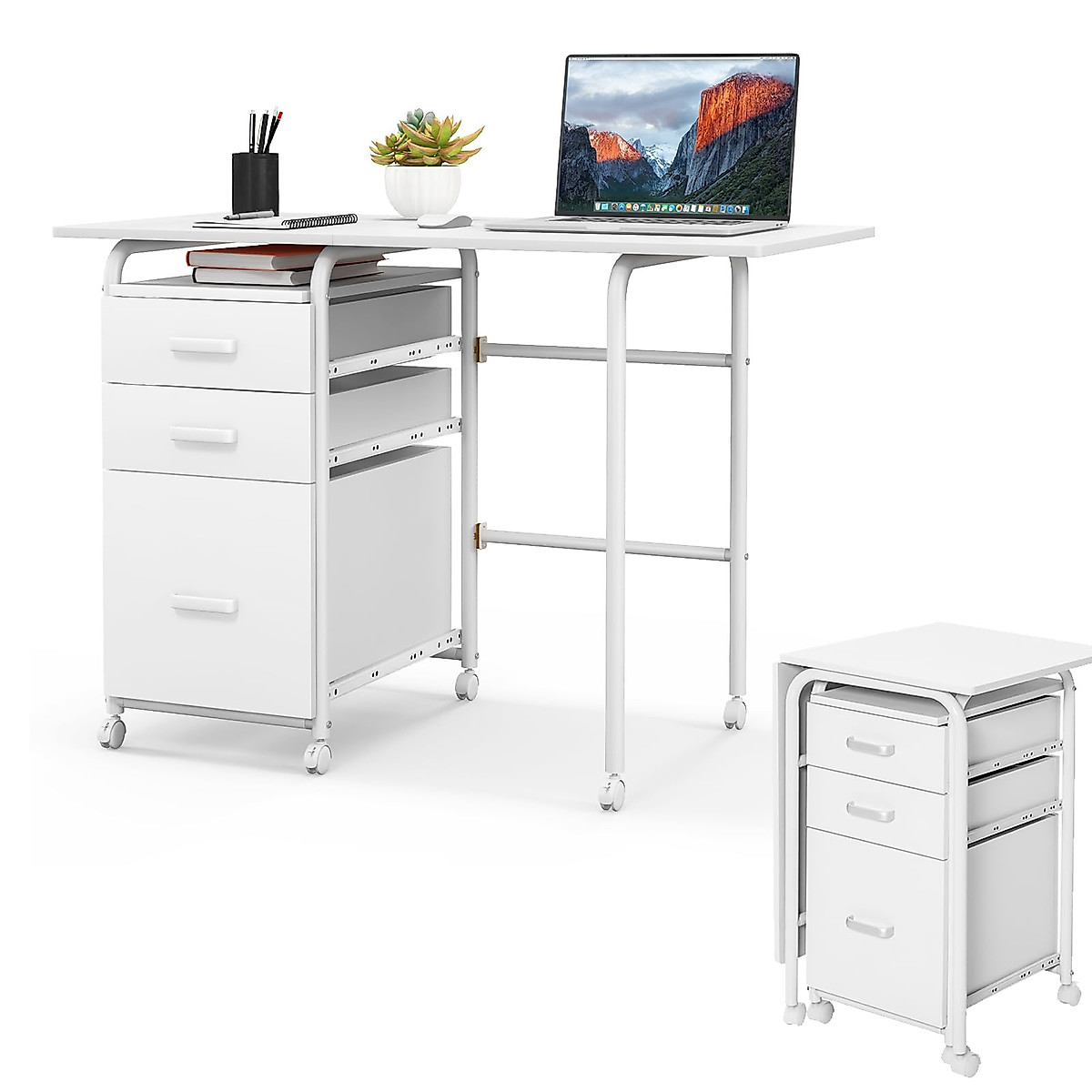 CHEFJOY Folding Computer Desk with 6 Wheels, 41.5" Modern Steel Collapsible Home Office Desk with 3 Storage Drawers, Portable Writing Laptop Desk for Bedroom, Study, Small Space, Home Office, White