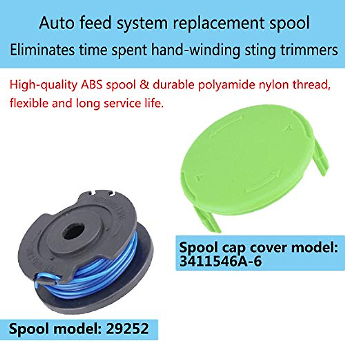 LIYYOO 29092 Replacement Trimmer Spool Line Compatible with Weed Eater String 24V and 40V Trimmer, Cordless Edger Spool Refills Parts(8 Spools, 2 Cap)