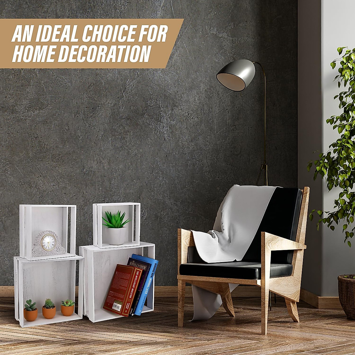 Set of 4 Rustic White Wooden Display Risers: Stackable Rustic Cake Stands, Whitewashed Decorative Cupcake & Appetizer Boxes for Wedding, Birthday, Parties - Versatile Dessert and Food Showcase