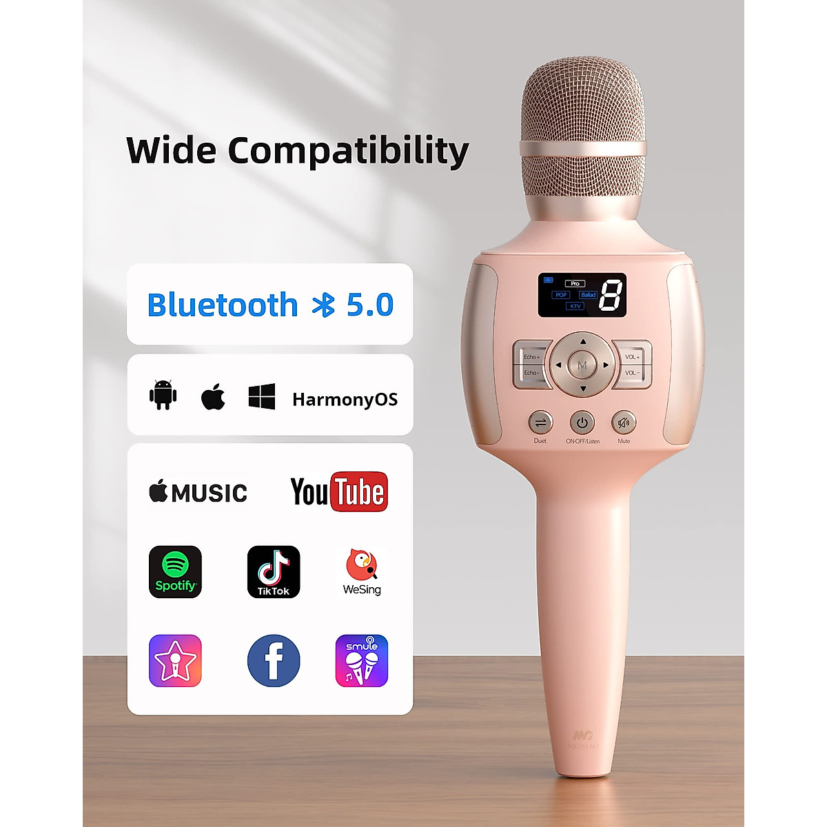 MEINIAO Karaoke Microphone with Digital Screen, Handheld Portable Bluetooth Microphone for Party, Karaoke, Music, & Recording All iOS Android Pc A2(Pink)