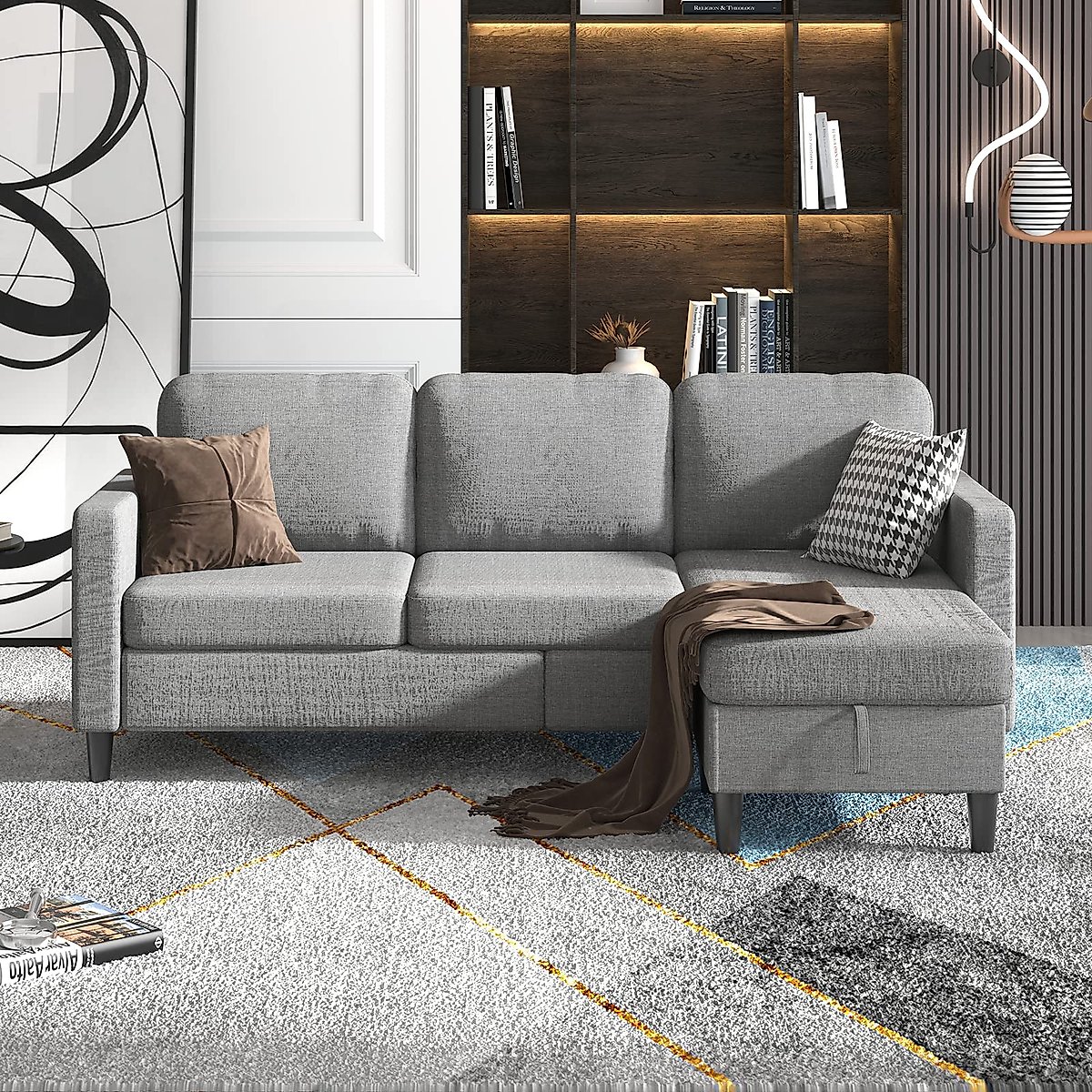 BALUS Convertible Sectional Sofa Couch, 3-Seat L-Shaped, Free-Form with Movable Storage Ottoman, Modern Design for Living Room and Office Spaces, Comfortable and Versatile（Light Gray）