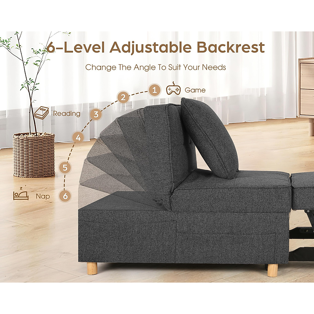 SEJOV Sleeper Sofa Chair Bed,4-in-1 Convertible Sofa Bed Chair with 6 Adjustable Backrest and Pillow, 3-Seat Pull Out Sleeper Bed Linen Fabric Modern for Bedroom Small Space Living Room Office, Black