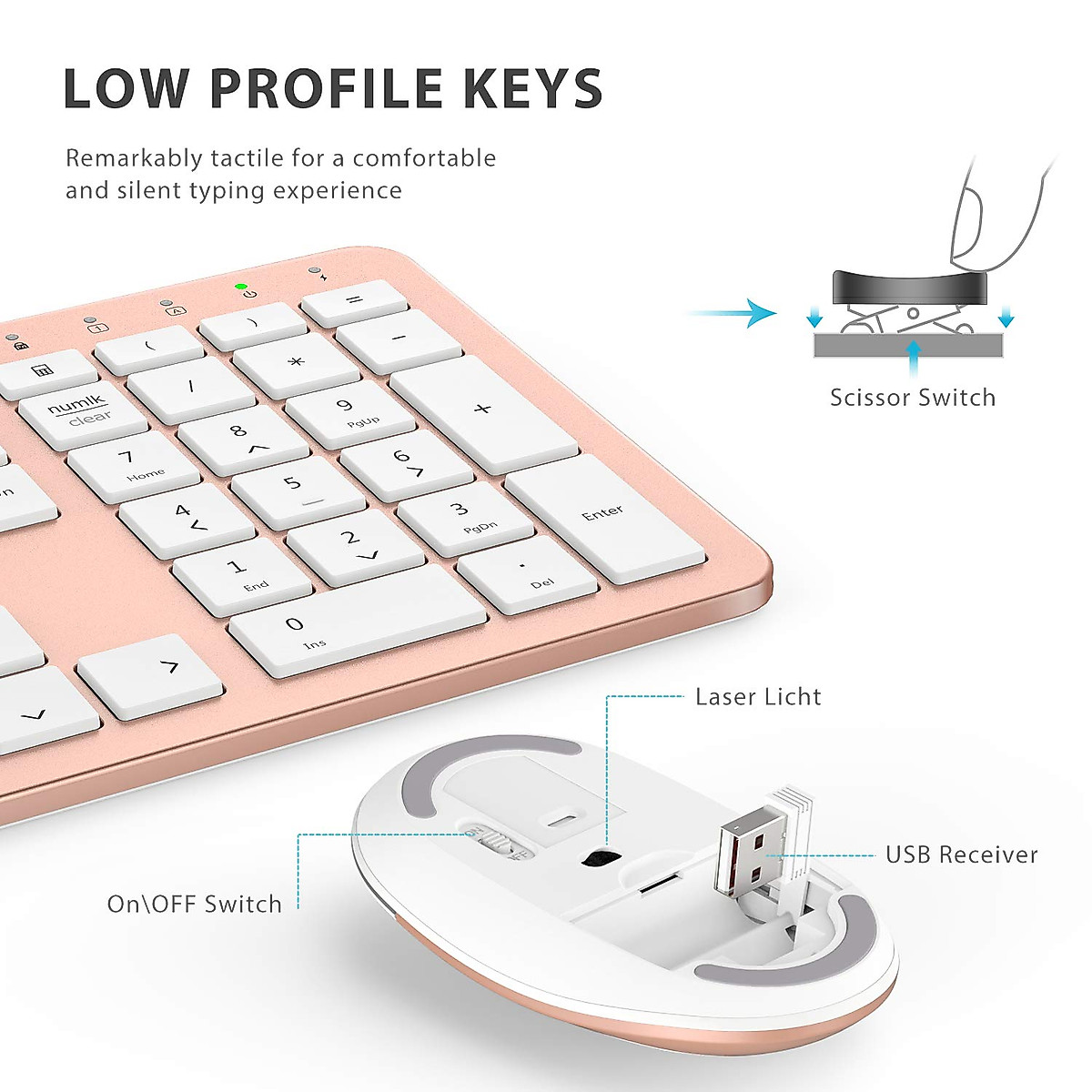 iClever GK08 Wireless Keyboard and Mouse - Rechargeable Wireless Keyboard Ergonomic Full Size Design with Number Pad, 2.4G Stable Connection Slim White Keyboard and Mouse for Windows, Mac OS Computer