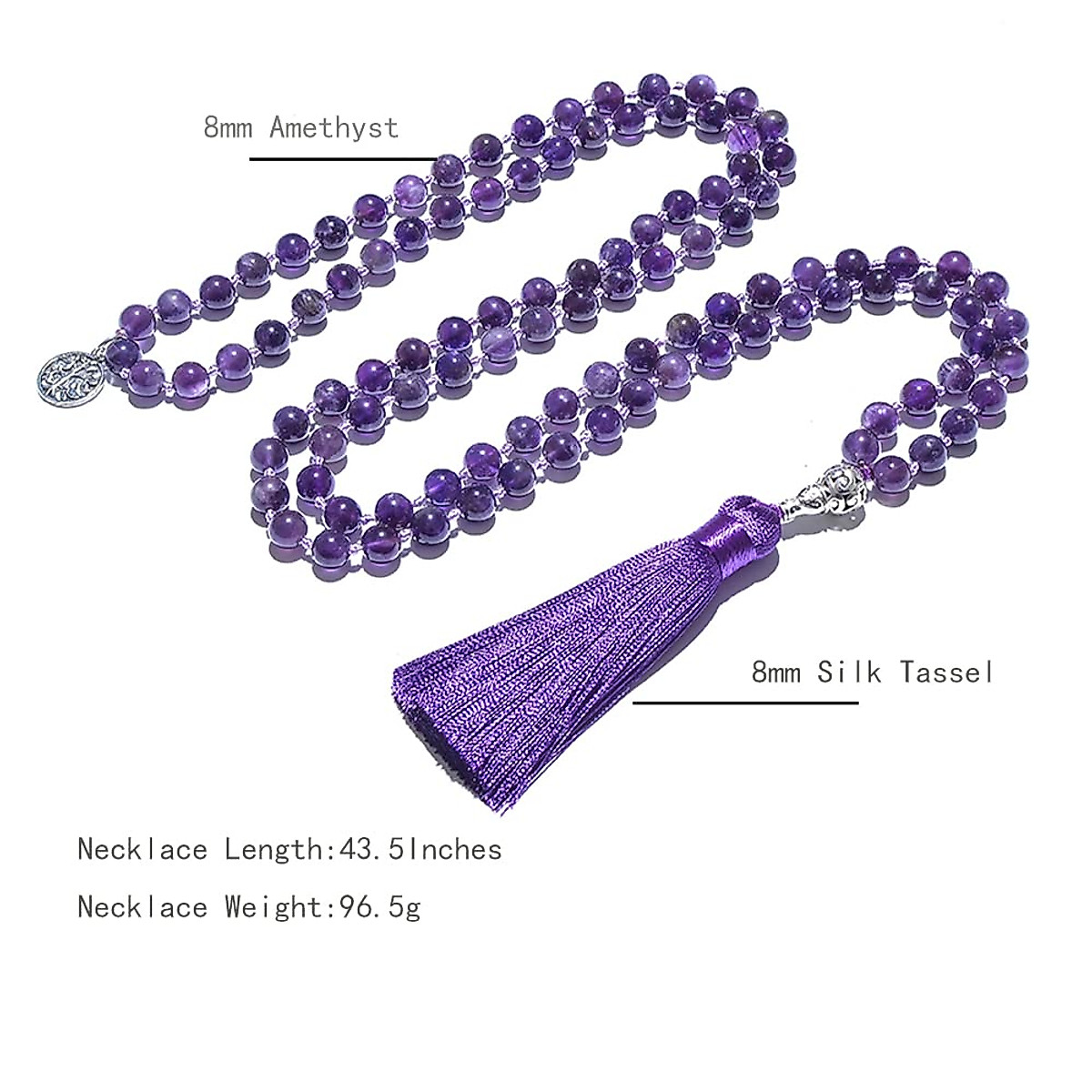 Hovaete 108 Mala Prayer Beads Necklace Natural Stones Meditation Yoga Jewery 108 Hand Knotted Japa Mala Beaded Long Tassel Necklace with Tree of Life Pendant for Men and Women (8mm Amethyst)