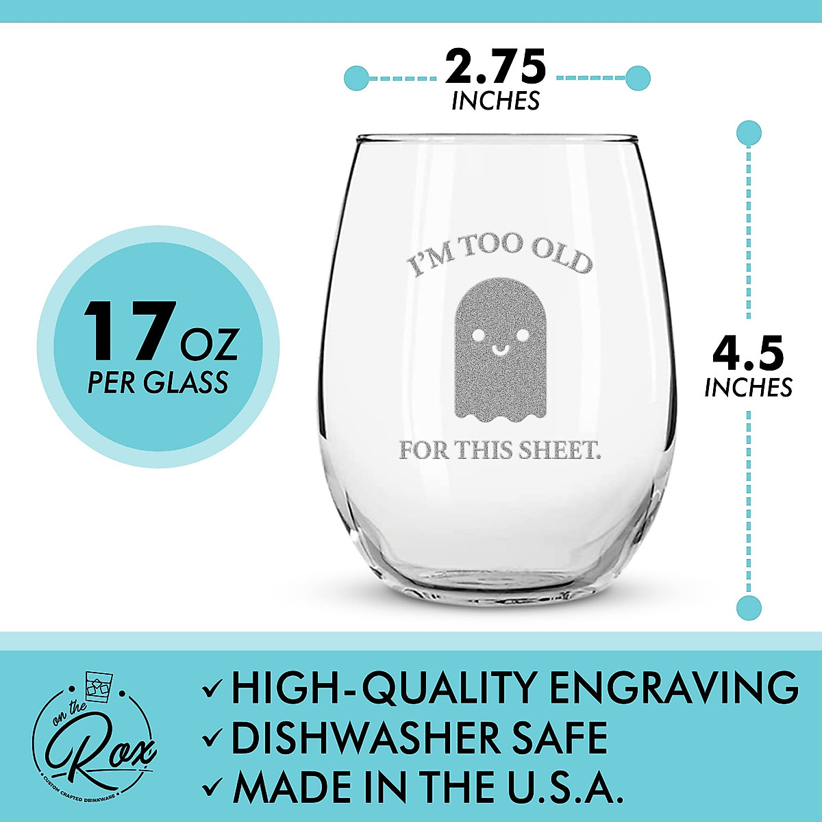 On The Rox Drinks Halloween Wine Glass Gifts for Women - I'm Too Old For This Sheet Sheet Faced 2PC Wine Glass Set - Halloween Cups, Halloween Tumbler, Drinking Glassware - Spooky Ghost Gifts