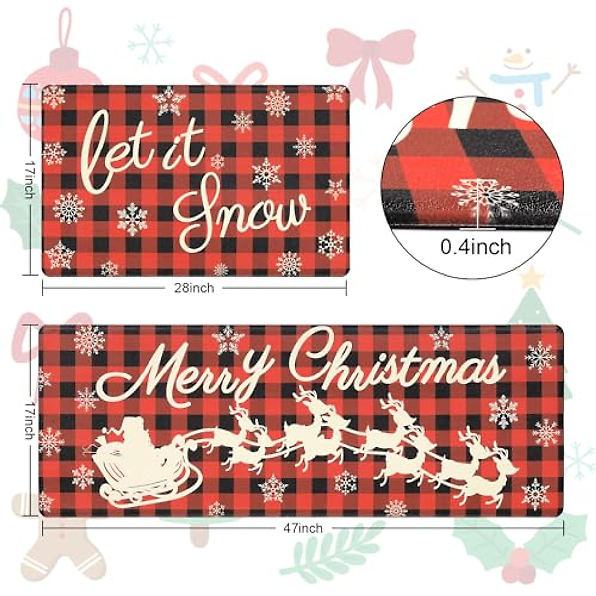 Ileading Buffalo Plaid Merry Christmas Kitchen Mats Set of 2 Let It Snow Anti Fatigue Kitchen Mats for Floor Snowflake Winter Holiday Area Rug Cushioned Standing Desk Mat for Home Kitchen Floor