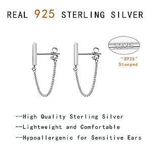 Reffeer 925 Sterling Silver Stud Earrings Minimalist Bar Earrings with Chain Dangle Earrings For Women (A-Silver)