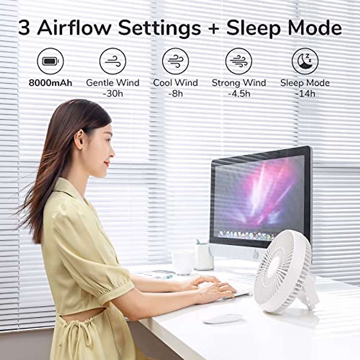 JISULIFE Camping Fan with LED Light, 8000mAh Battery Operated Fan, Telescopic Tripod, 4-IN-1 Multifunction Fan with Remote Control, Timer, 4 Speeds, Portable Floor Fan for Bedroom/Outdoor/Travel-White