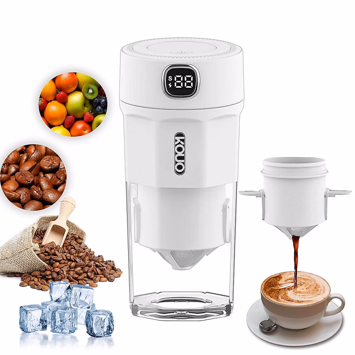 Aldeepo Portable Coffee Grinder and Blender Smoothies with 12Oz BPA Free Personal Travel Cup, Durable Stainless Steel Mix Blender with Metal Coffee Filter, USB Rechargeable(White)