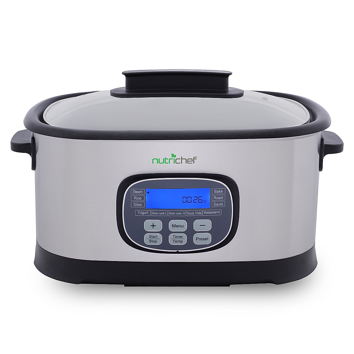 NutriChef Slow Cooker Electric Steamer - Sous Vide Cooking Mode, Stainless Steel High Pressure Multi-Cooker Crock Pot with Digital LCD Display, 11 Preset Cooking Modes, 6.5 Quart Capacity AZPKPC45