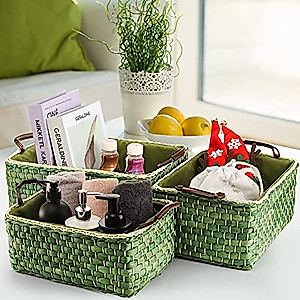 Peohud Set of 3 Woven Storage Baskets, Maize Straw Organizer Bins with Handle, Handwoven Basket Set for Organizing Bedroom, Living room, Laundry Room, Kitchen or Office, Green