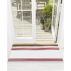 Floor Mat Kitchen Rug Red Stripe White Back Farmhouse Style Washable Doormat Non Slip Bathroom Rugs,Classic Simple Lines Absorbent Carpet for Bedroom Laundry Living Room Sink 20x47in