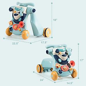 HONEY JOY Sit-to-Stand Learning Walker, 3-in-1 Push Pull Baby Walker W/Wheels, Convertible Ride On Toy Car, Kids Educational Activity Center W/Sound & Light for Toddler Infants Boy Girl (Blue)