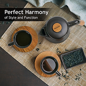 MIAMIO – 34 Oz Ceramic Tea Pot Set with Infuser and Cups/Tea Strainer, 4 Ceramic Tea Mugs (10 Oz), Bamboo Saucers/Handle for Home and Office (Black)