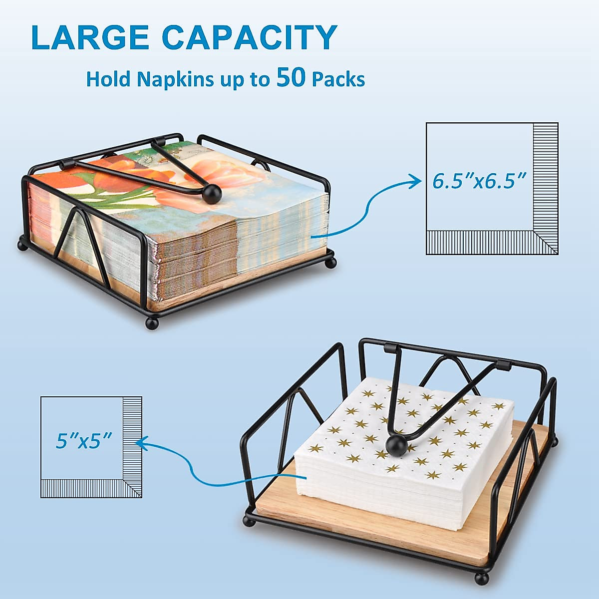 MOLEDINO Flat Napkin Holder for Kitchen Dining Table, Metal Black Napkin Holder with Weighted Arm Modern Sturdy Cast Iron Cocktail Bar Luncheon Beverage Napkin Holder Wooden Base Outdoor Picnic Party