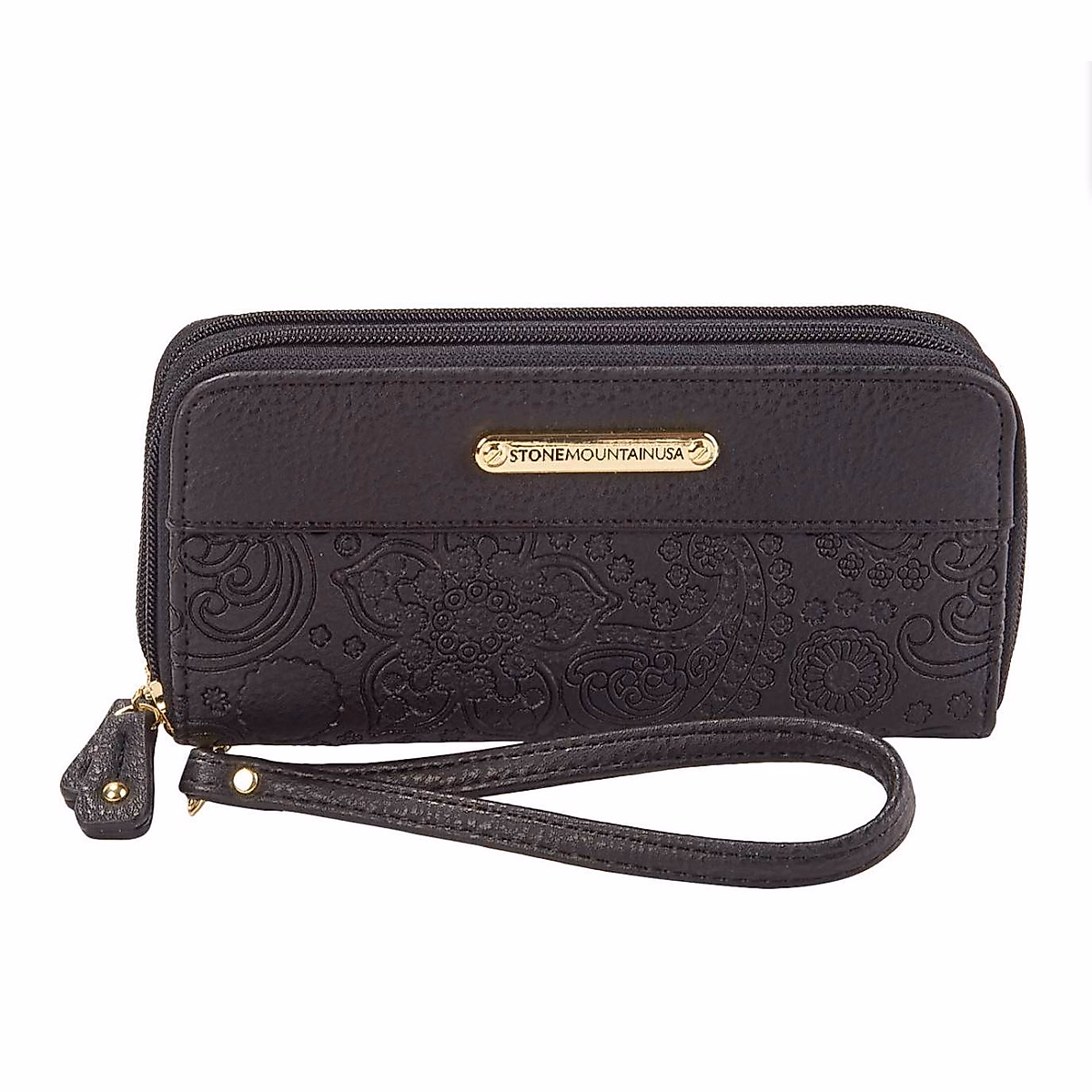 STONE MOUNTAIN black embossed paisley Wristlet Wallet & Checkbook insert SLG