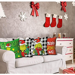 Merry Christmas Throw Pillow Covers 18 x 18 Inches Merry Girnchmas Buffalo Plaid Pillowcase Happy New Year Farmhouse Pillow Case Xmas Decoration for Living Room Sofa Bed Home Set of 4 (Christmas-03)