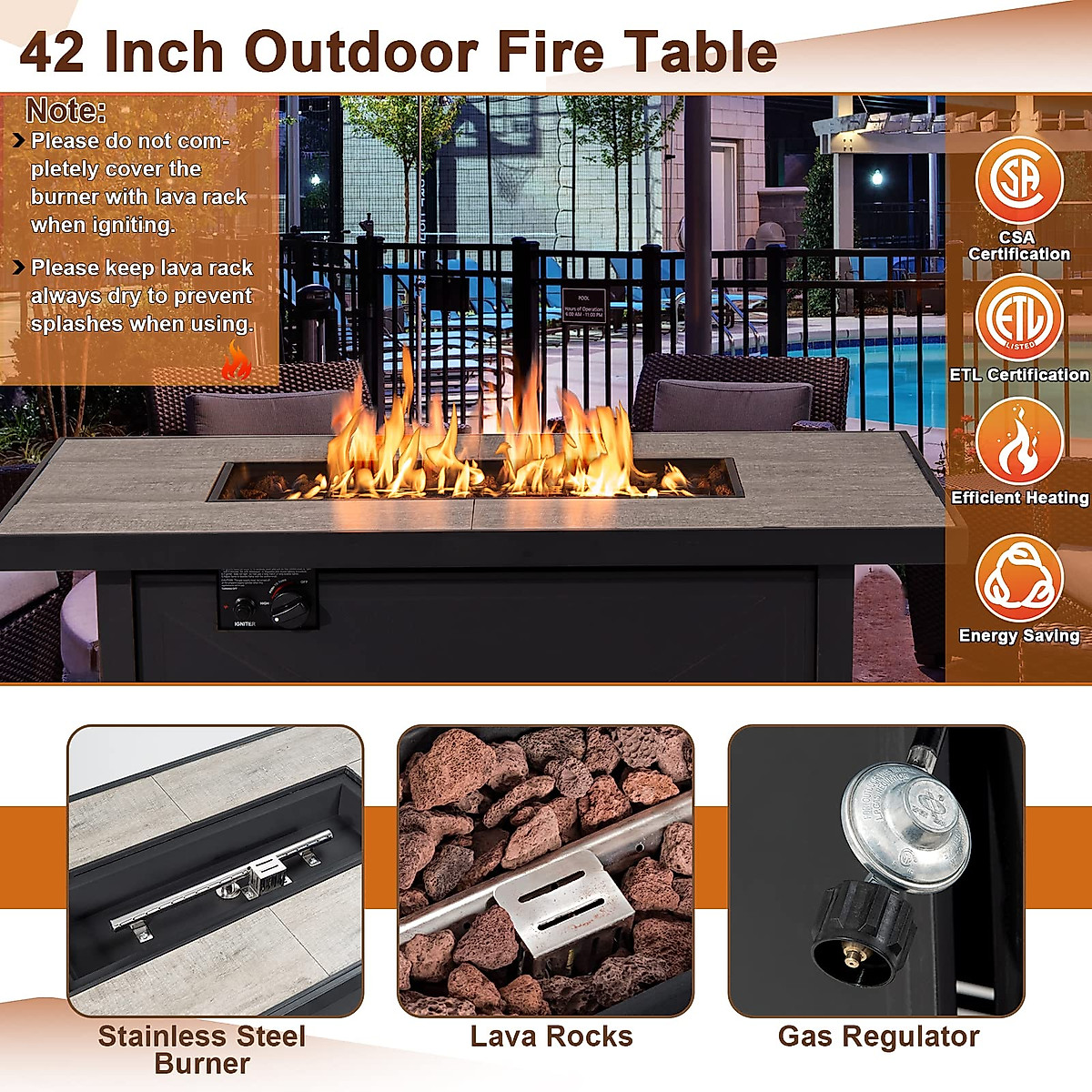 Tangkula 42 Inch Propane Fire Pit Table, Patiojoy 60,000 BTU Outdoor Rectangle Gas Fire Table with Ceramic Tabletop, Lava Rocks & PVC Cover Included, Auto-Ignition Propane Heater for Backyard, Patio