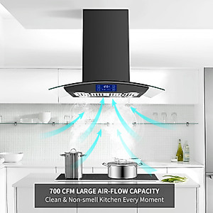 JOEAONZ 30 Inch Island Range Hood Black 700CFM, Gesture & Touch Panel Ceiling Mount Vent Hood, Stainless Steel Kitchen Exhaust Fan Convertible, Tempered Glass, LED lights, Permanent Baffle Filters