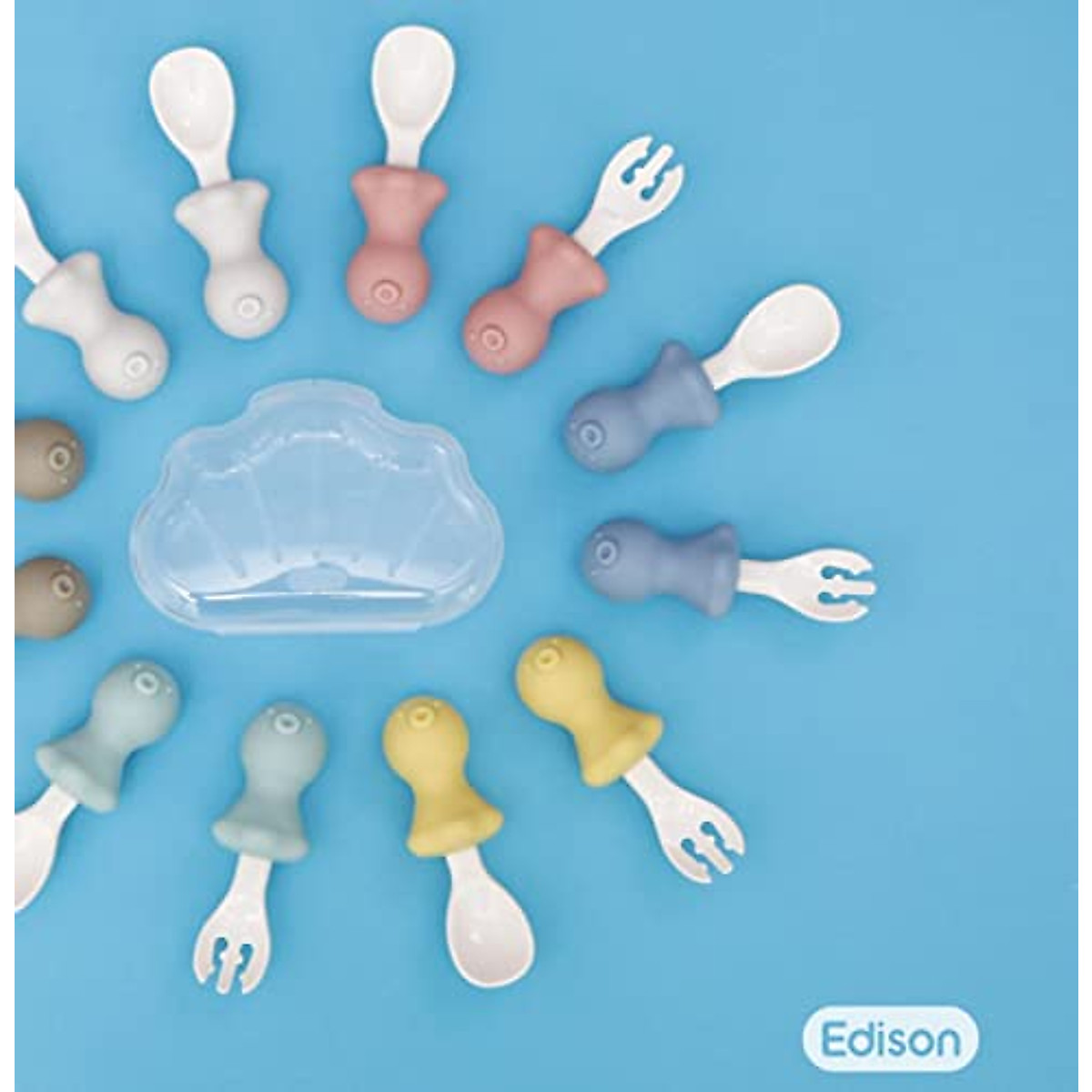 Edison Friends Self-Feeding Silicon Spoon and Fork Set with Case, 100% Platinum Silicon, Octopus Shape (Mint), Made in Korea