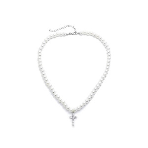 HILOLOA Pearl Necklace Cross Pendant Pearl Choker Necklaces Round White Fashion Pearl Necklace Hip-Hop Retro Cross Pendant Necklace for Women Men -cross