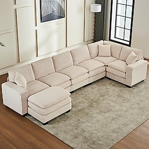 Luxyhoom Modular Sectional Sofa, 6 Seater L-Shaped Convertible Couch with Ottoman, Corduroy Upholstered Living Room Furniture Set, Double Cushion Cloud Corner Couch for Apartment, Hotel, Office, Beige
