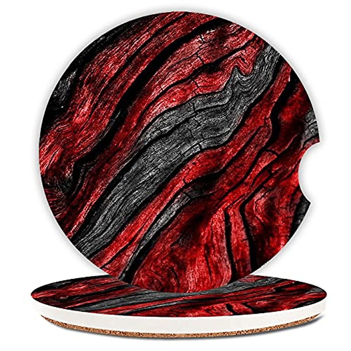 Black Red Wood Grain Ceramic Cup Holders Car Coasters for Women/Men,Absorbent Drink Cup Car Holder Coasters with A Finger Notch 2.56" Pack of 2