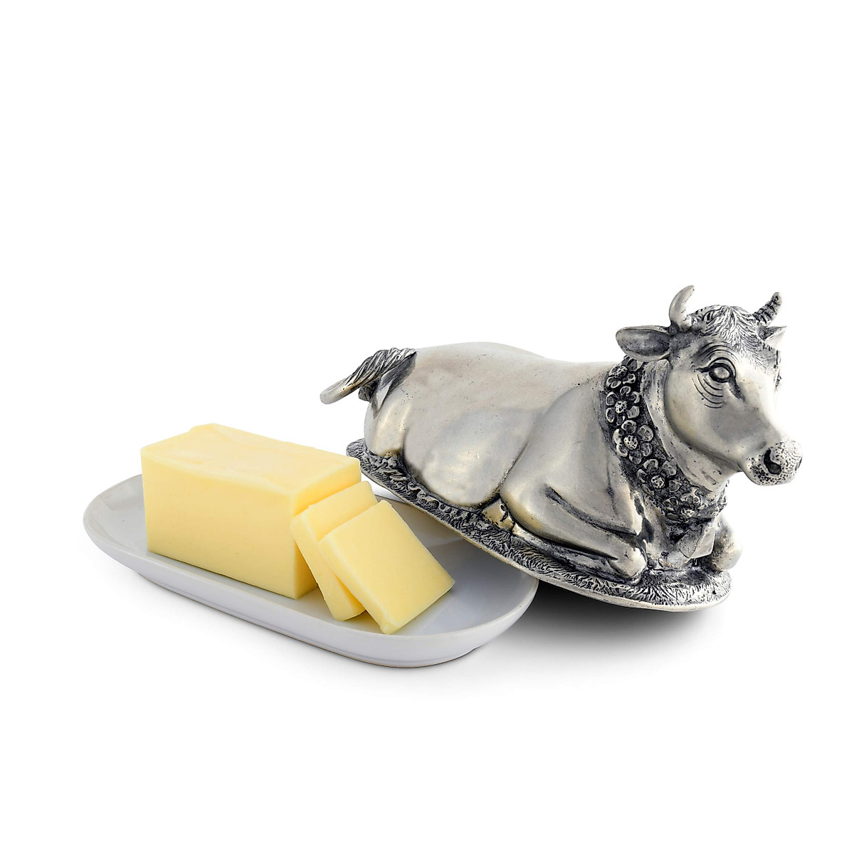 Vagabond House Pewter Metal Mabel the Cow Covered Butter Cream Cheese Dish Container Keeper Heirloom Quality with Stoneware Tray Base 8.5 inch Long