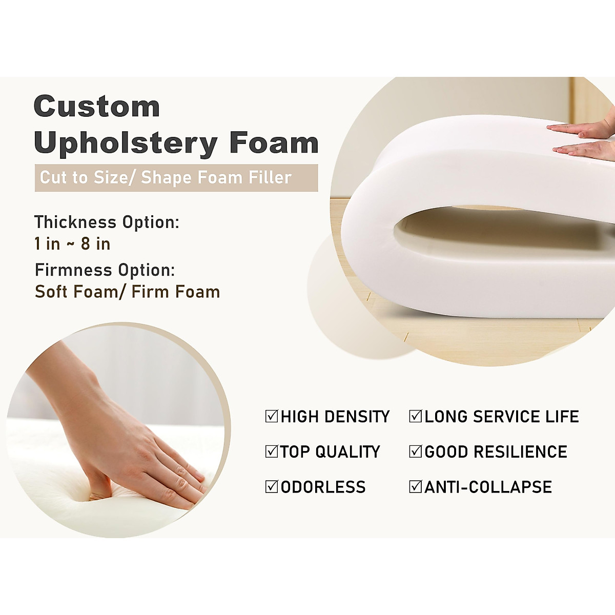 SINCERE Custom Cushions Replacement for Bench Indoor Outdoor Furniture, Window Seat Pad Back Pillow, Cut to Size Foam Mattress Pad, Non-Slip Waterproof Patio Chair Chaise Lounger Deep Seating Cushion