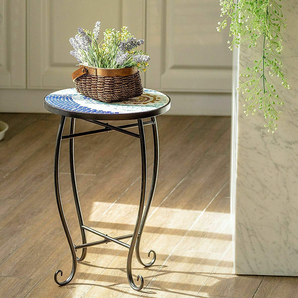 Modern Outdoor Indoor Round Accent Table Plant Stand Scheme Garden Steel Ocean Inlaid Glass Mosaic Top Patio Piece, Plant Stand