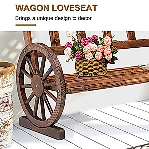 KINTNESS Patio Garden Wooden Wagon Wheel Bench 2-Person Outdoor Wagon Wheel Bench Outdoor Furniture Decor