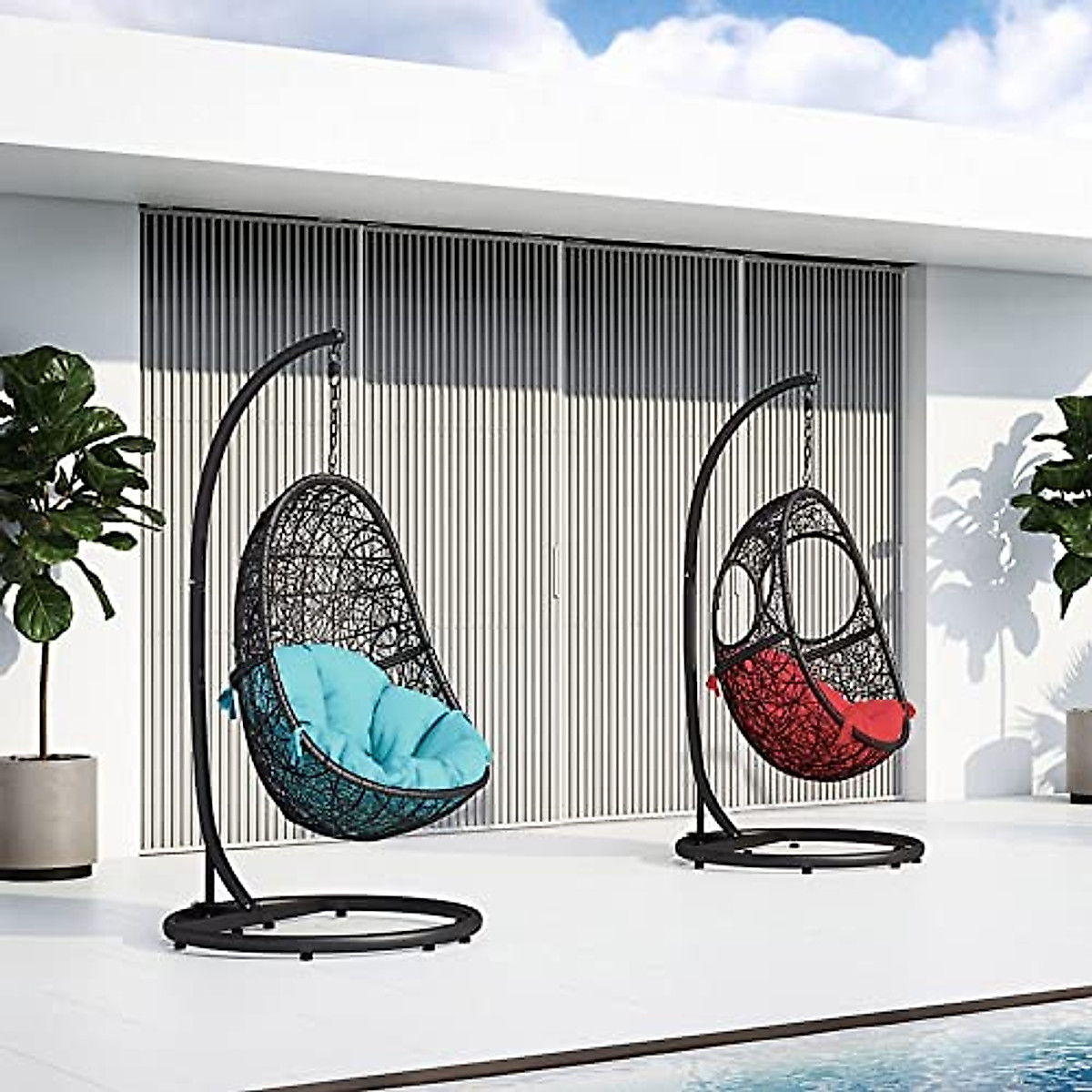 Zuri Furniture Modern Reef Black Basket Swing Chair Teal Cushion with Stand