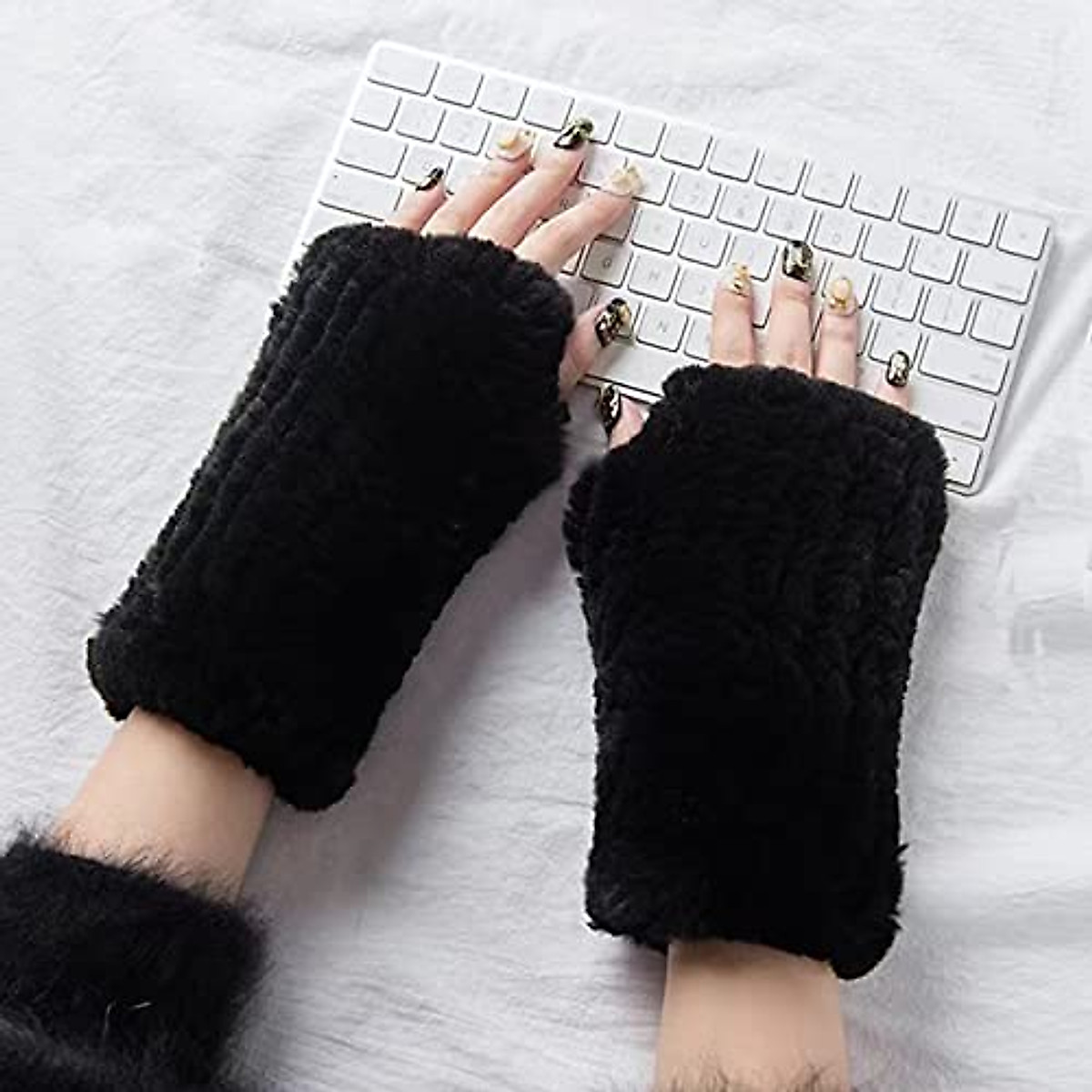 Lupidyyxun Real Rabbit Fur Gloves for Women Winter Furry Gloves Mittens Gloves Knitted Fingerless Gloves (Black)