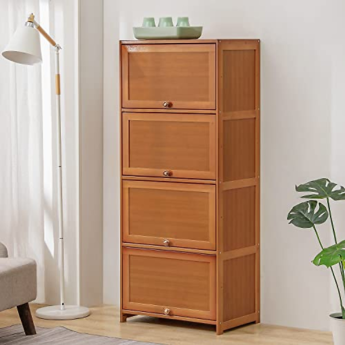 MoNiBloom Tall Book Storage Cabinet with Doors, 4 Tier Bamboo Free Standing Book Shelf Organizer Stand for Children's Student, Hallway, Home Office, Brown