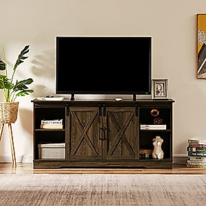 Okvnbjk Farmhouse TV Stand for 65+ Inch TV, Wood Entertainment Center with Sliding Barn Door, with Storage Cabinet & Adjustable Shelves, Media TV Console for Living Room Bedroom, Dark Walnut