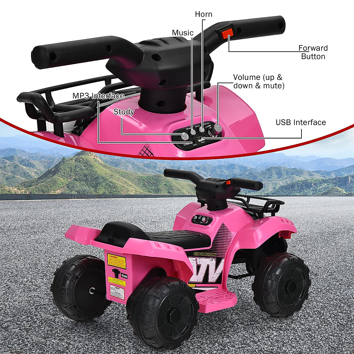 Costzon Kids ATV, 6V Battery Powered Electric Vehicle Four Wheeler Quad w/Storage Basket, Headlight, Horn, Music, MP3 & USB, Toddler 4 Wheeler Ride on Car Toy for Boys Girls 18-36 Months (Pink)
