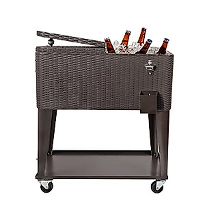 80 Quart Qt Rolling Cooler Ice Chest Beverage Cart, Dark Brown Wicker Faux Rattan Ice Tub Trolley, Portable Outdoor Backyard Patio Deck Party Drink Beverage Bar, Wheels with Shelf & Bottle Opener