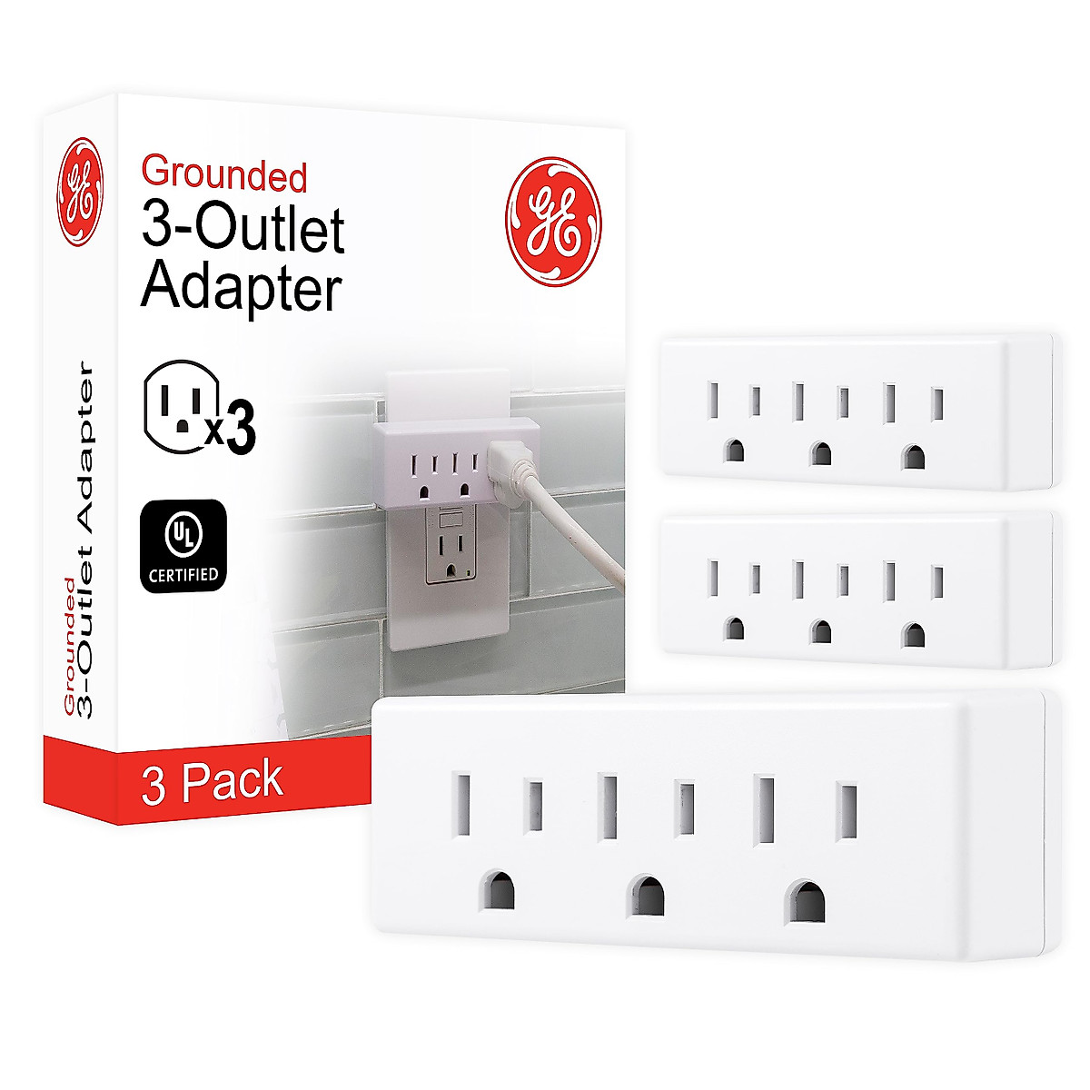 GE 3-Outlet Extender, 3 Pack, Grounded Wall Tap, 3-Prong, Multiple Plug, Power Splitter, Cruise Essentials, Use for Home Office School Dorm, UL Listed, White, 47884