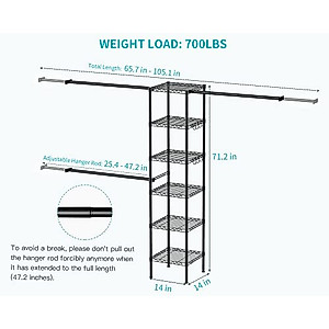Ulif M1 Closet Storage Organizer System, 6 Tiers Heavy Duty Metal Clothing Garment Rack with 3 Expandable Hanger Rods, Wall Mounted Space Saver Suits from 3.3-8.7 ft. Width, 71.2”H x 14”D, Black
