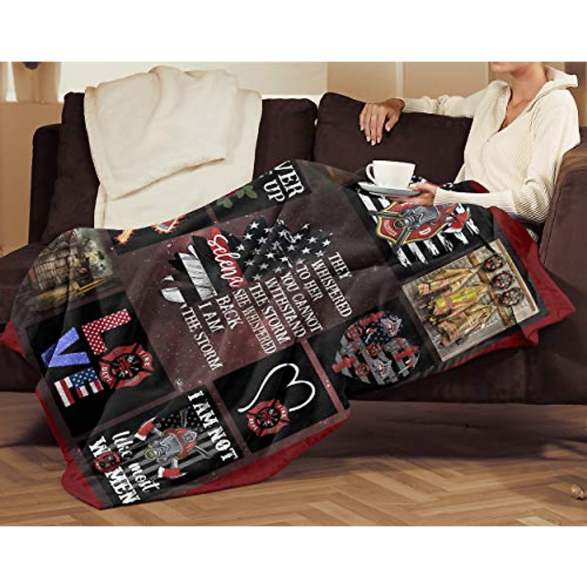 VTH GLOBAL Personalized Custom Name Female Volunteer Firefighter Thin Red Line American Flag Fleece Blankets Birthday Christmas Custom Firefighting Gifts for Women Mom