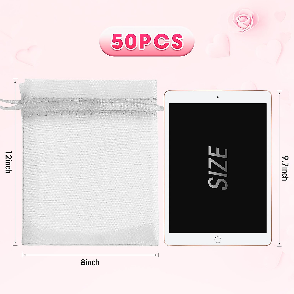 ANZNKU 50 Pack White Organza Bags 8x12 inch Mesh Bags Drawstring Large Goody Bags Gift Bags for Jewelry Candy Wedding Christmas Party Favor