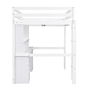 WADRI Full Size Loft Bed with Multi-Storage Desk, Wood Loft Bed Frame with LED Light and Bedside Tray, Loft Bed with Charging Station for Kids Teens Adult, Space-Saving Design